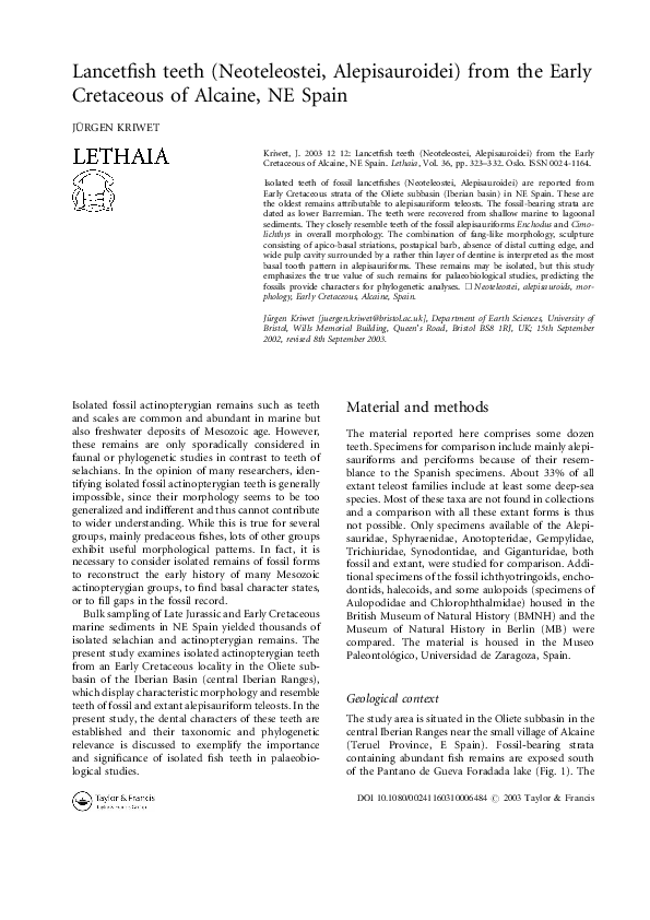 (PDF) Lancetfish teeth (Neoteleostei, Alepisauroidei) from the Early ...