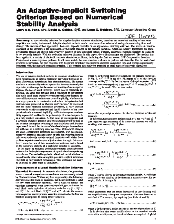 (PDF) An Adaptive-Implicit Switching Criterion Based on Numerical Stability Analysis