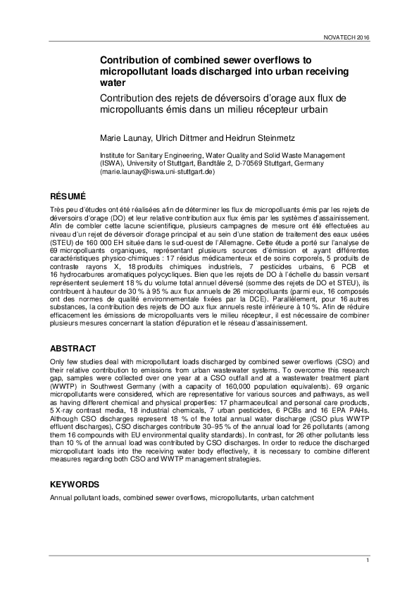 (PDF) Contribution of combined sewer overflows to micropollutant loads ...