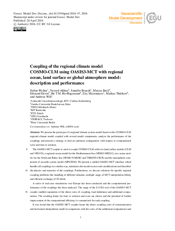 (PDF) Coupling of the regional climate model COSMO-CLM using OASIS3-MCT ...