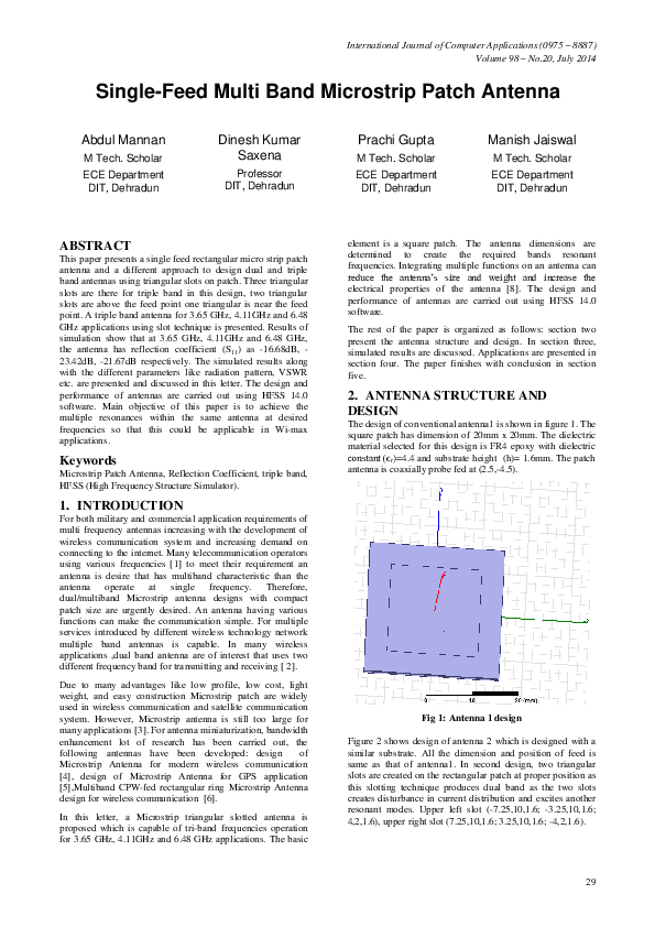 (PDF) Single-Feed Multi Band Microstrip Patch Antenna