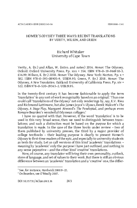 (PDF) HOMER'S ODYSSEY THREE WAYS: RECENT TRANSLATIONS