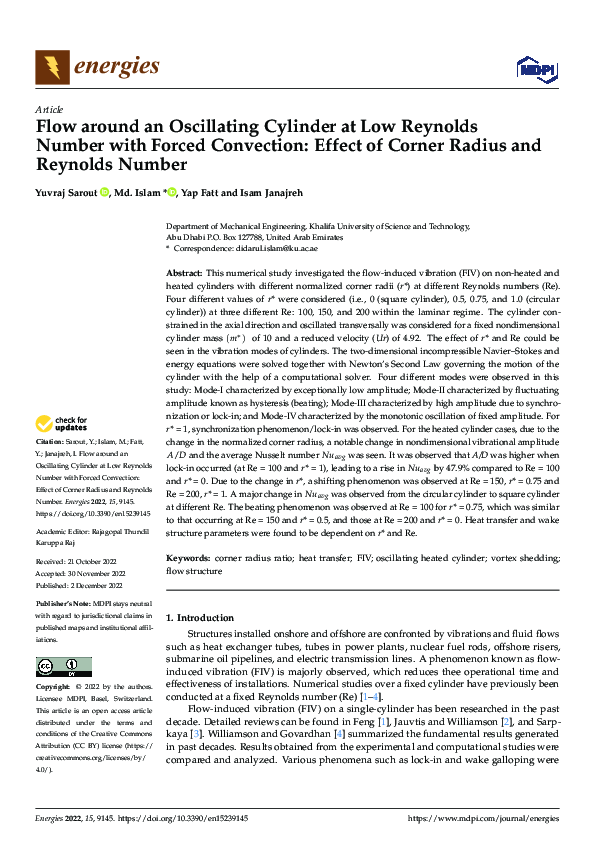 (PDF) Flow around an Oscillating Cylinder at Low Reynolds Number with Forced Convection: Effect ...