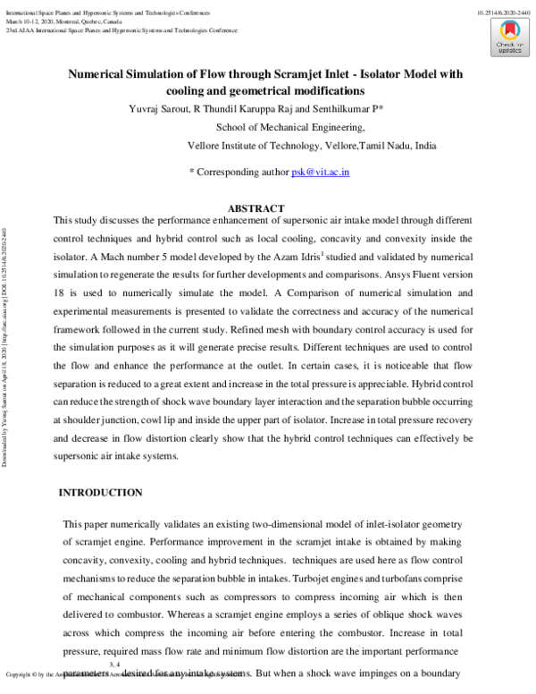 (PDF) Numerical Simulation of Flow through Scramjet Inlet - Isolator Model with Cooling and ...