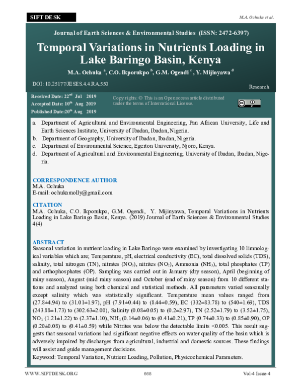 (PDF) Temporal Variations in Nutrients Loading in Lake Baringo Basin, Kenya