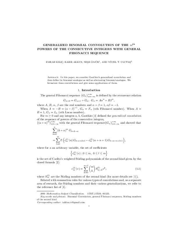 (PDF) Generalized Binomial Convolution of the mth Powers of the ...