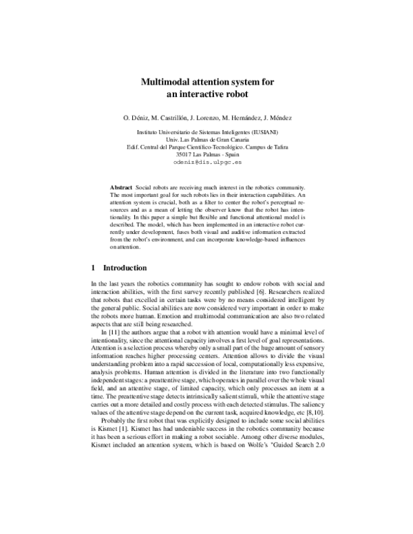 (PDF) Multimodal Attention System for an Interactive Robot
