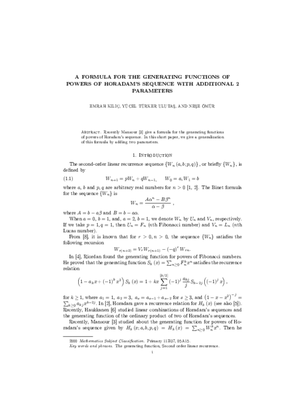 (PDF) A Formula for the Generating Functions of Powers of Horadam’s Sequence with Two Additional ...