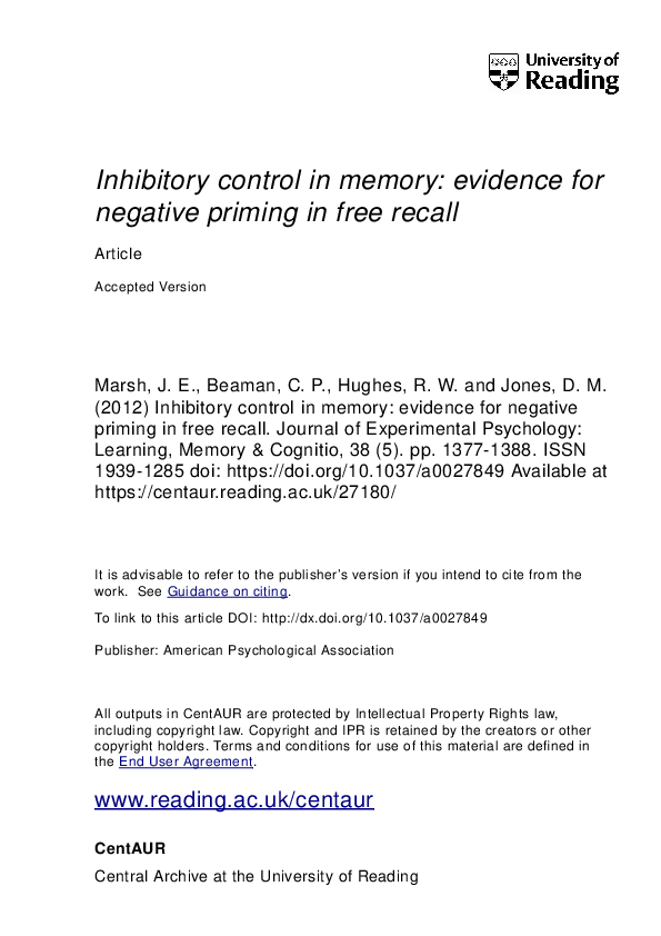 (PDF) Inhibitory Control in Memory: Evidence for Negative Priming in Free Recall | John Marsh ...