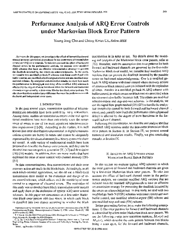 Pdf Performance Analysis Of Arq Error Controls Under Markovian Block Error Pattern Young