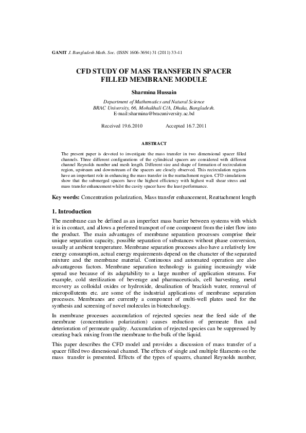 (PDF) CFD study of mass transfer in spacer filled membrane module | Sharmina Hussain - Academia.edu