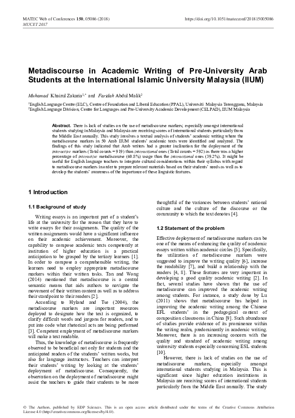 (PDF) Metadiscourse in Arab Students' Writing
