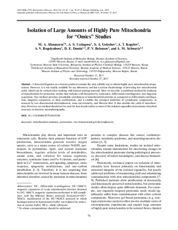 (PDF) Isolation of large amounts of highly pure mitochondria for “omics ...