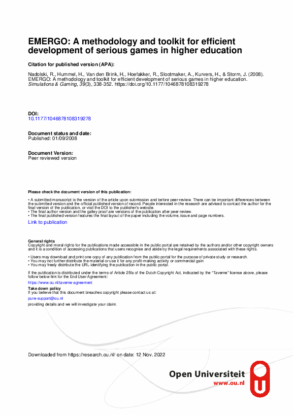 (PDF) EMERGO: A methodology and toolkit for developing serious games in ...