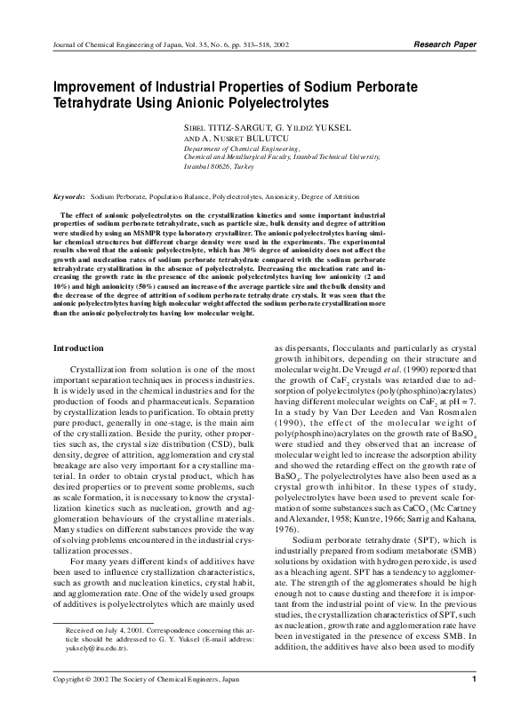 Pdf Improvement Of Industrial Properties Of Sodium Perborate Tetrahydrate Using Anionic