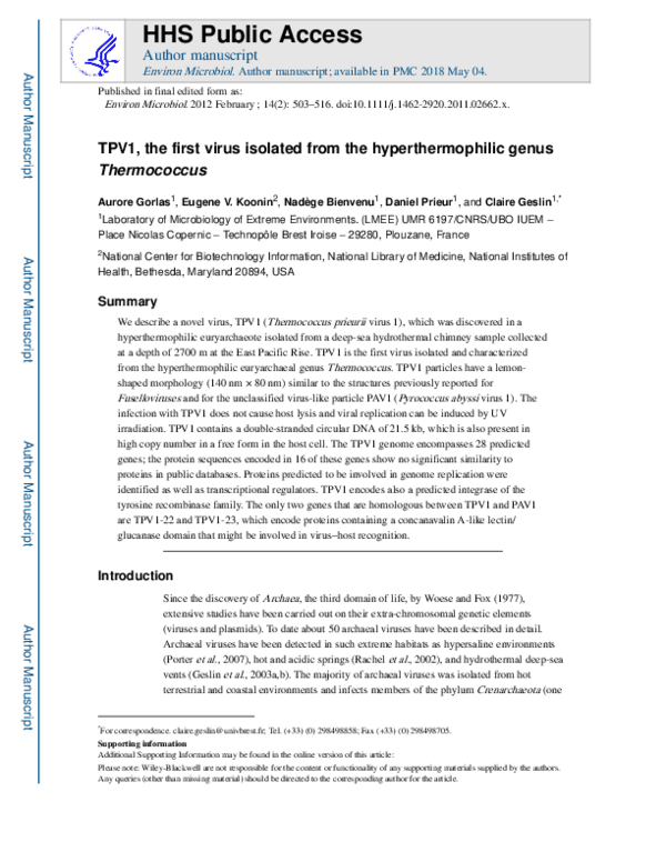 (PDF) TPV1, the first virus isolated from the hyperthermophilic genus ...