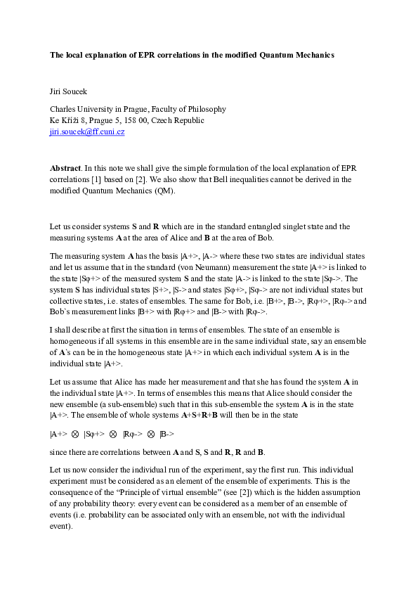 (PDF) The local explanation of EPR correlations in the modified Quantum Mechanics