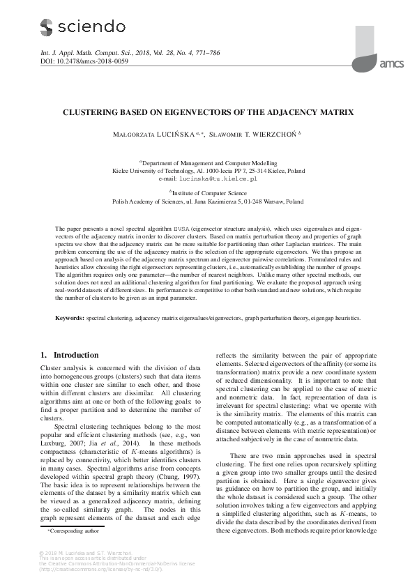 (PDF) Clustering Based on Eigenvectors of the Adjacency Matrix