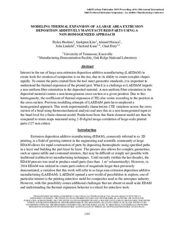 (PDF) Modeling Thermal Expansion of a Large Area Extrusion Deposition Additively Manufactured ...
