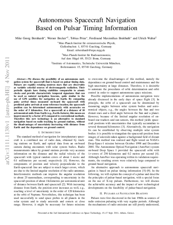 (PDF) Autonomous spacecraft navigation based on pulsar timing information