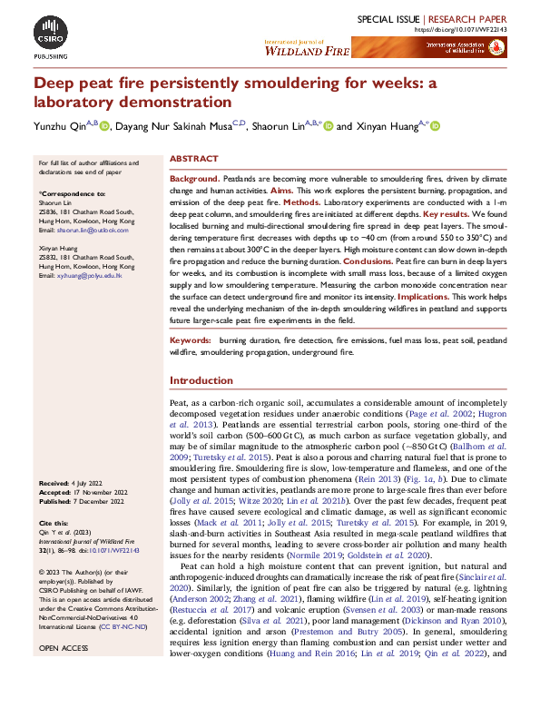 (PDF) Deep peat fire persistently smouldering for weeks: a laboratory ...