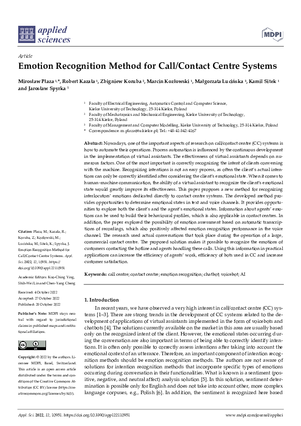 (PDF) Emotion Recognition Method for Call/Contact Centre Systems