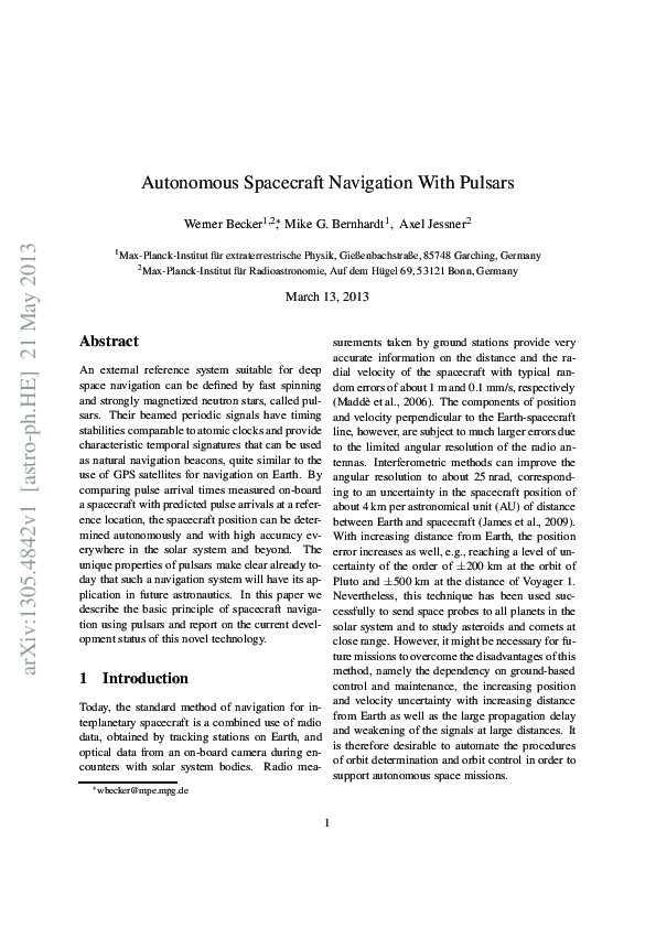 Pdf Autonomous Spacecraft Navigation With Pulsars