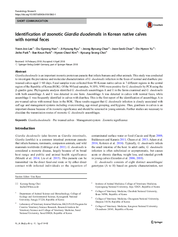 (PDF) Identification of zoonotic Giardia duodenalis in Korean native ...