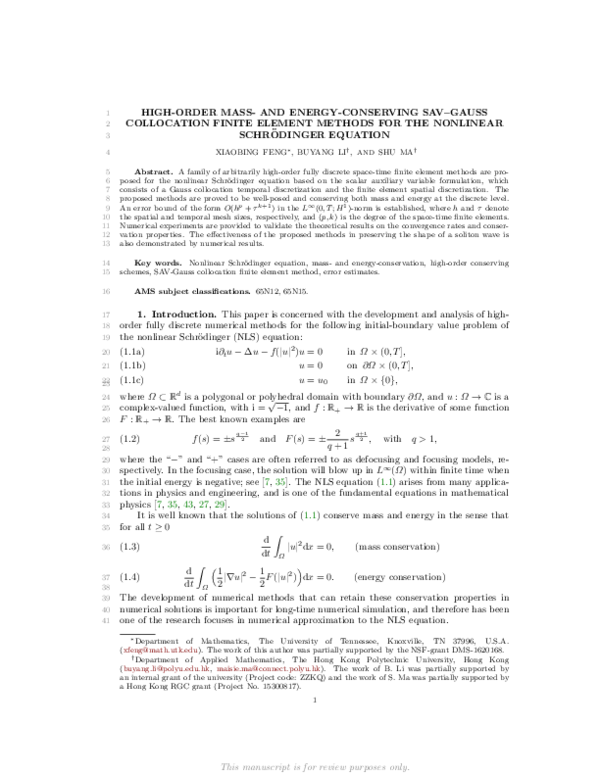 Pdf High Order Mass And Energy Conserving Sav Gauss Collocation Finite Element Methods For