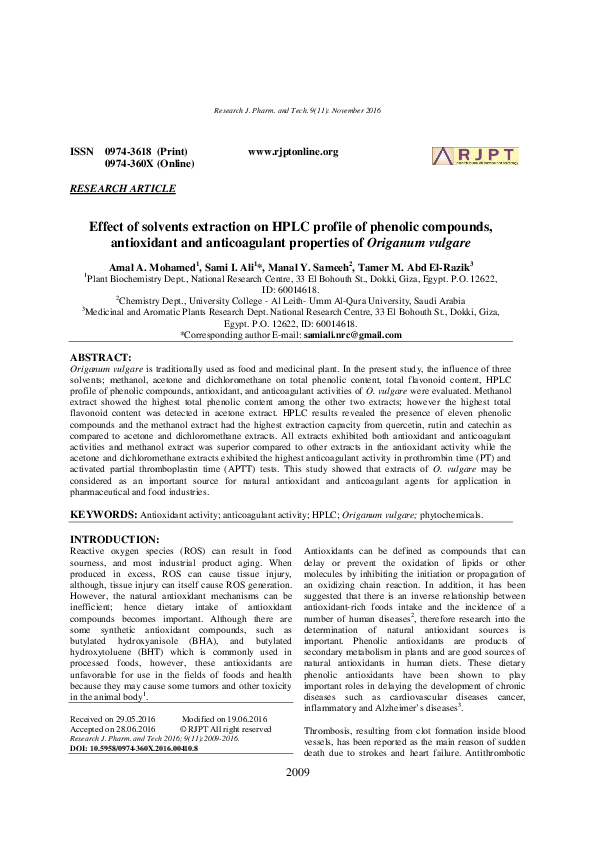 (PDF) Effect of solvents extraction on HPLC profile of phenolic compounds, antioxidant and ...