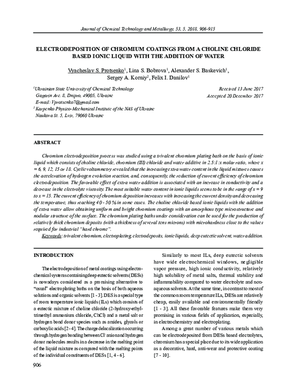 (PDF) Electrodeposition of Chromium Coatings from a Choline Chloride Based Ionic Liquid with the ...