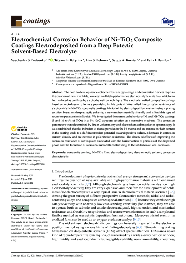Pdf Electrochemical Corrosion Behavior Of Ni Tio2 Composite Coatings