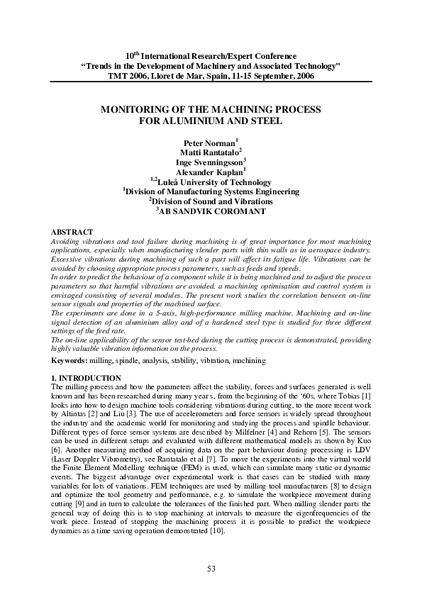 Pdf Monitoring Of The Machining Process For Aluminium And Steel