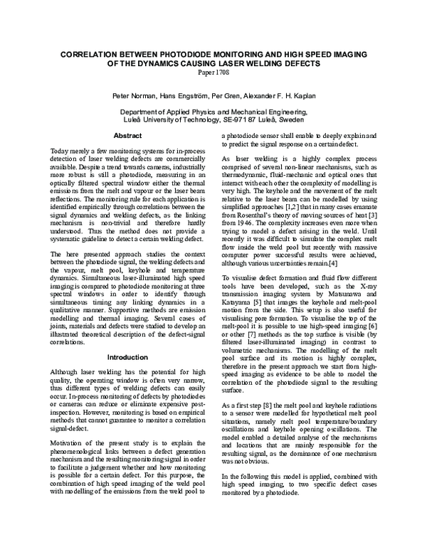 Pdf Correlation Between Photodiode Monitoring And High Speed Imaging Of The Dynamics Causing