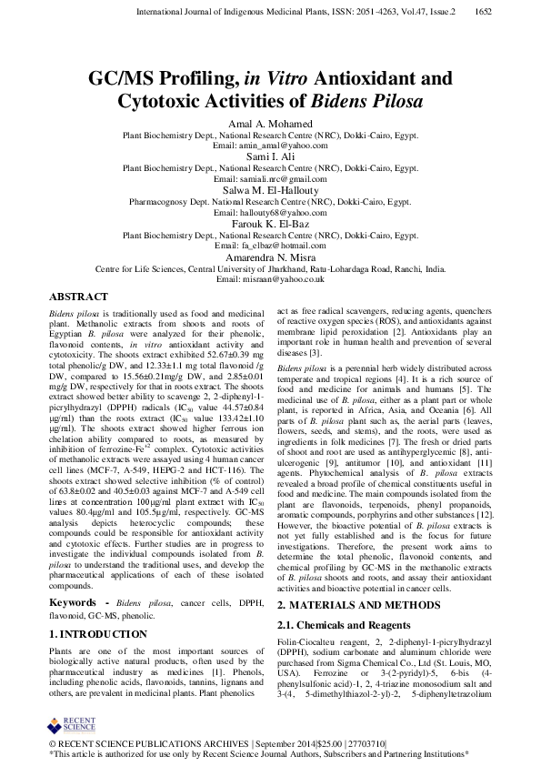 (PDF) GC/MS profiling, in vitro antioxidant and cytotoxic activities of ...