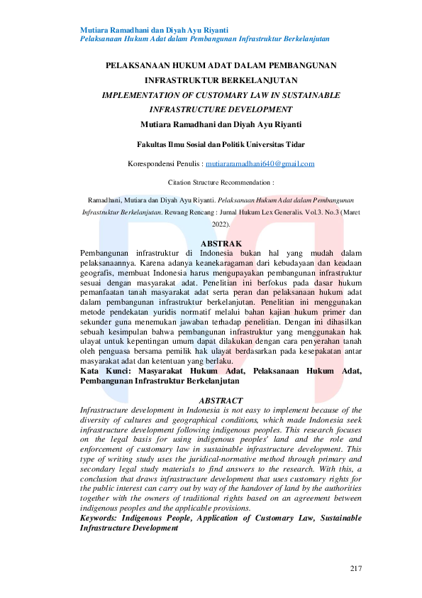 (PDF) Pelaksanaan Hukum Adat dalam Pembangunan Infrastruktur Berkelanjutan