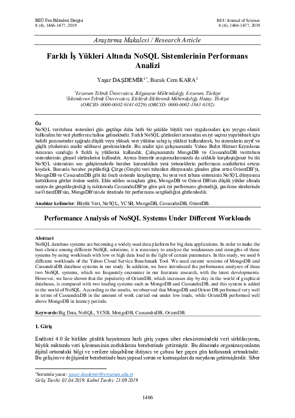 (PDF) Farklı İş Yükleri Altında NoSQL Sistemlerinin Performans Analizi