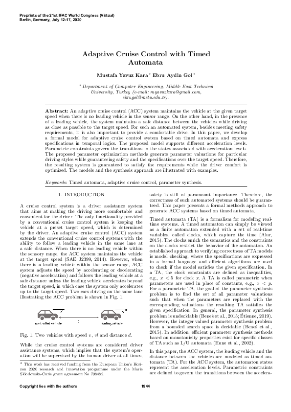 (PDF) Adaptive Cruise Control with Timed Automata
