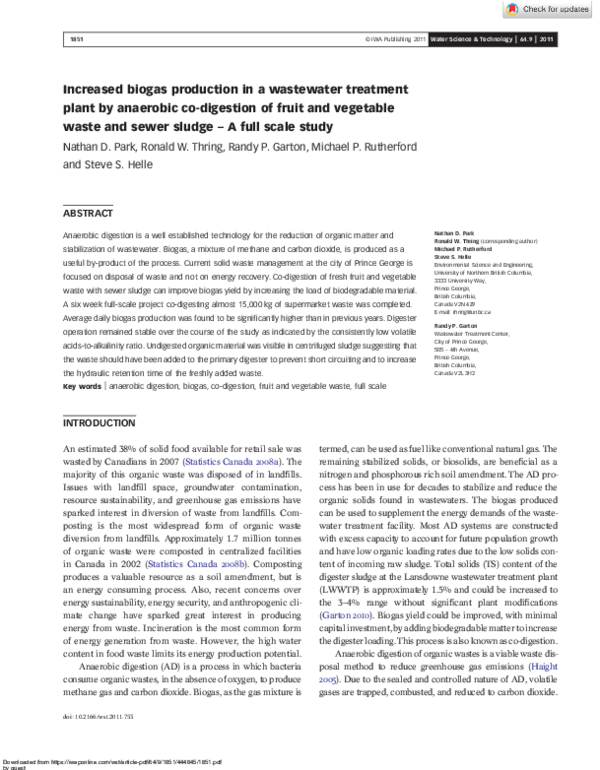 (PDF) Increased biogas production in a wastewater treatment plant by ...