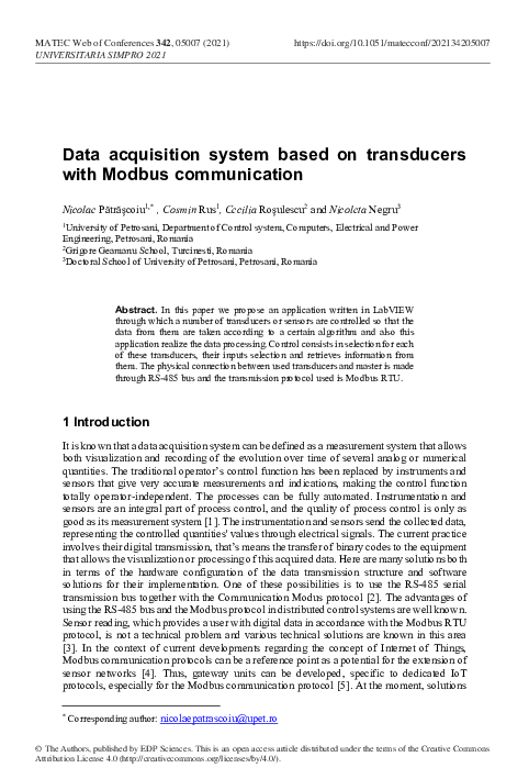 (PDF) Data acquisition system based on transducers with Modbus communication