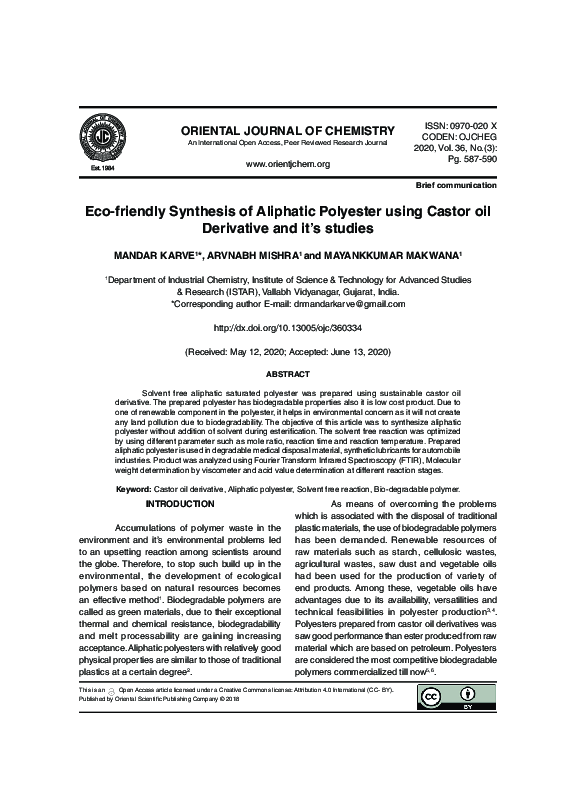 (PDF) Eco-Friendly Synthesis of Aliphatic Polyester using Castor Oil ...
