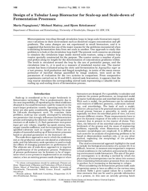 (PDF) Design of a Tubular Loop Bioreactor for Scale-up and Scale-down ...