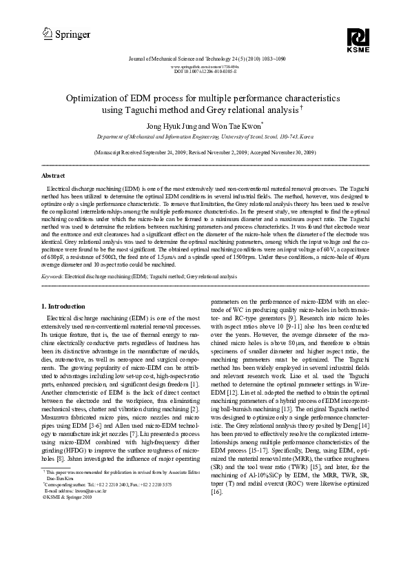 Pdf Optimization Of Edm Process For Multiple Performance Characteristics Using Taguchi Method