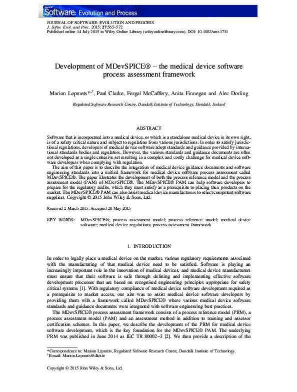 (PDF) Development of MDevSPICE® - the medical device software process assessment framework