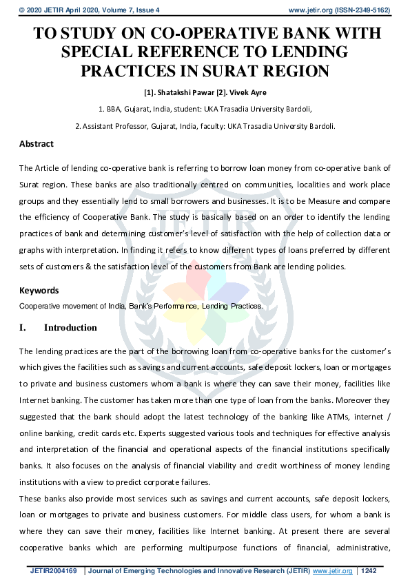 (PDF) To Study on Co-Operative Bank with Special Reference to Lending ...