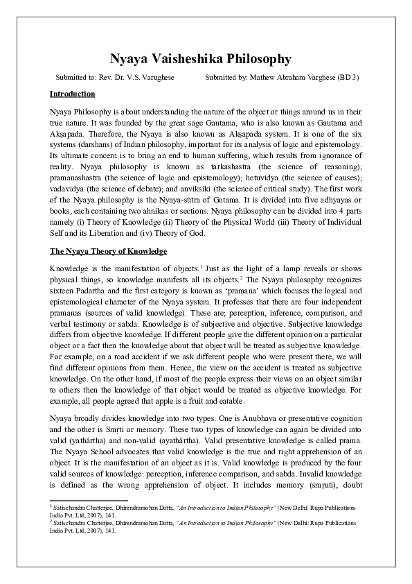 (DOC) Nyaya Vaisheshika Philosophy