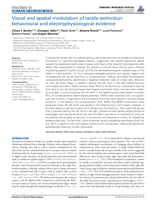 (PDF) Visual and spatial modulation of tactile extinction: behavioural and electrophysiological ...