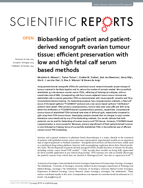 (PDF) Biobanking of patient and patient-derived xenograft ovarian tumour tissue: efficient ...