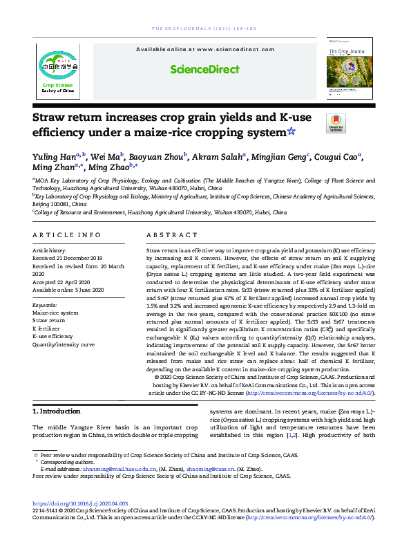 (PDF) Straw return increases crop grain yields and K-use efficiency ...