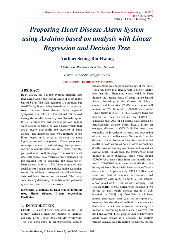 (PDF) Proposing Heart Disease Alarm System using Arduino based on analysis with Linear ...